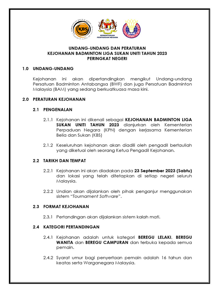 Syarat Badminton Liga Sukan Uniti - Negeri | PDF