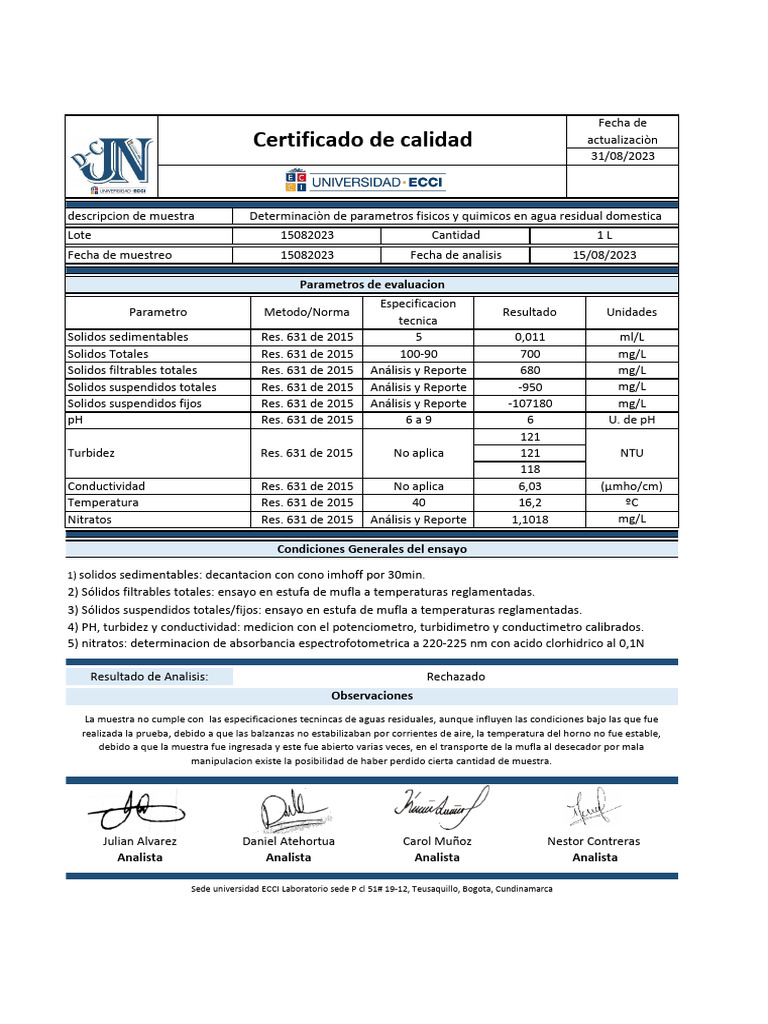 Informe de Calidad de Agua Residual | PDF | Física Aplicada e Interdisciplinaria | Materiales