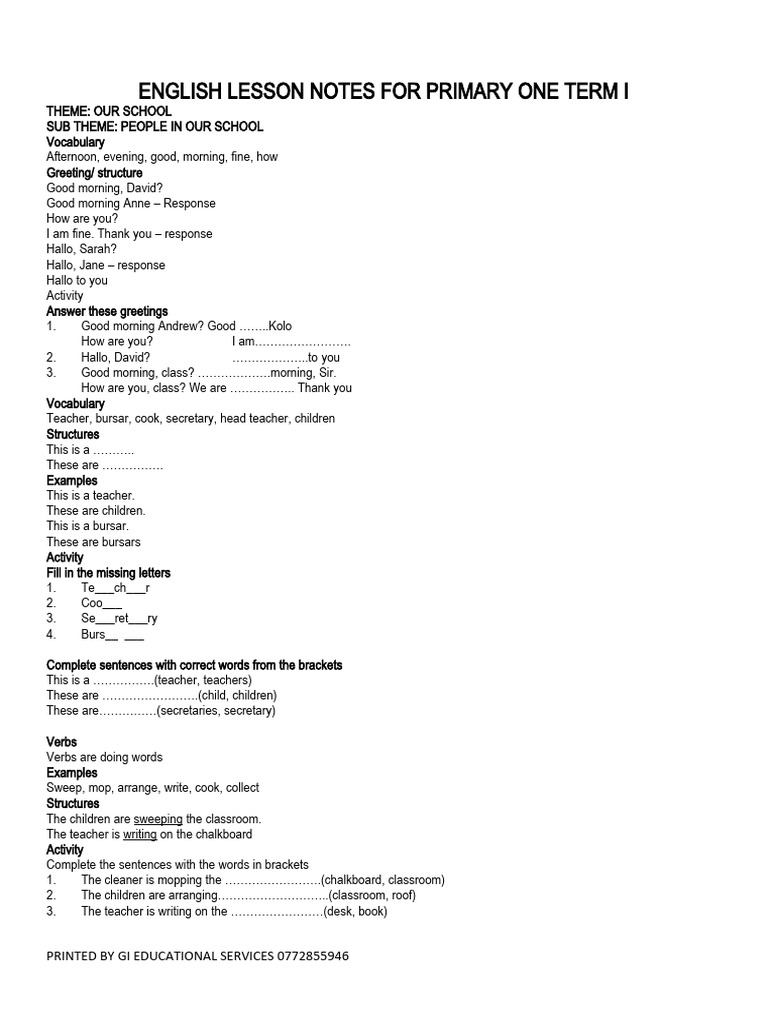 English Lesson Notes For Primary One Term I People in Our School | PDF ...