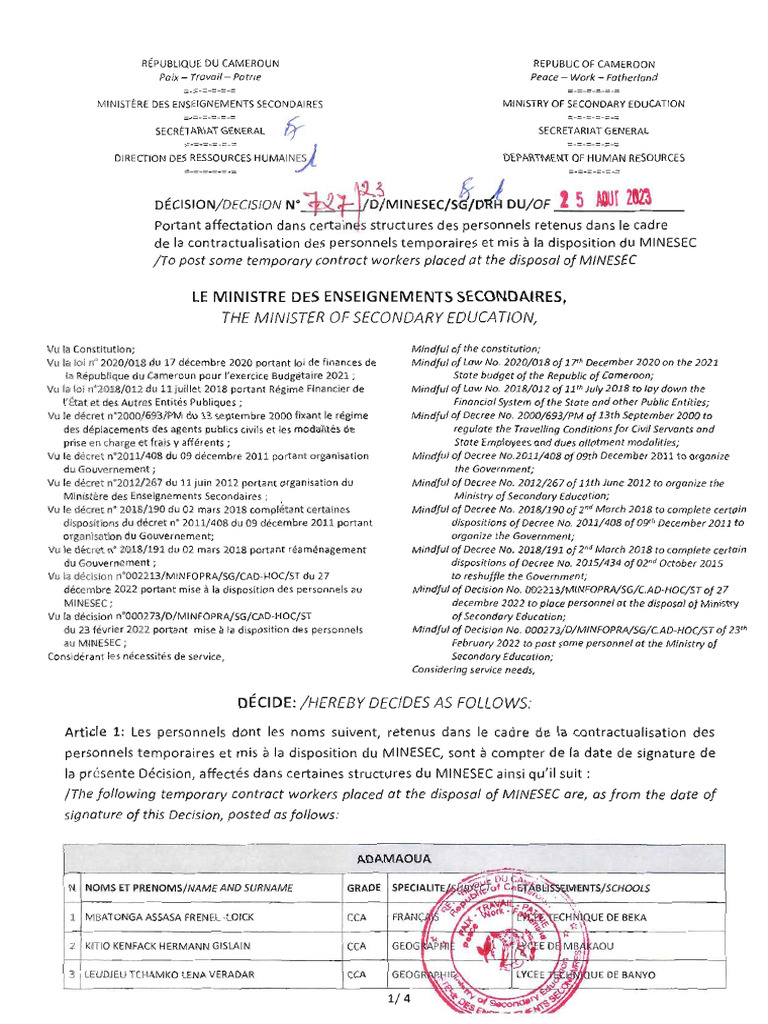 Affectation CCA Temporaires MINESEC 25 AOUT 2023 | PDF