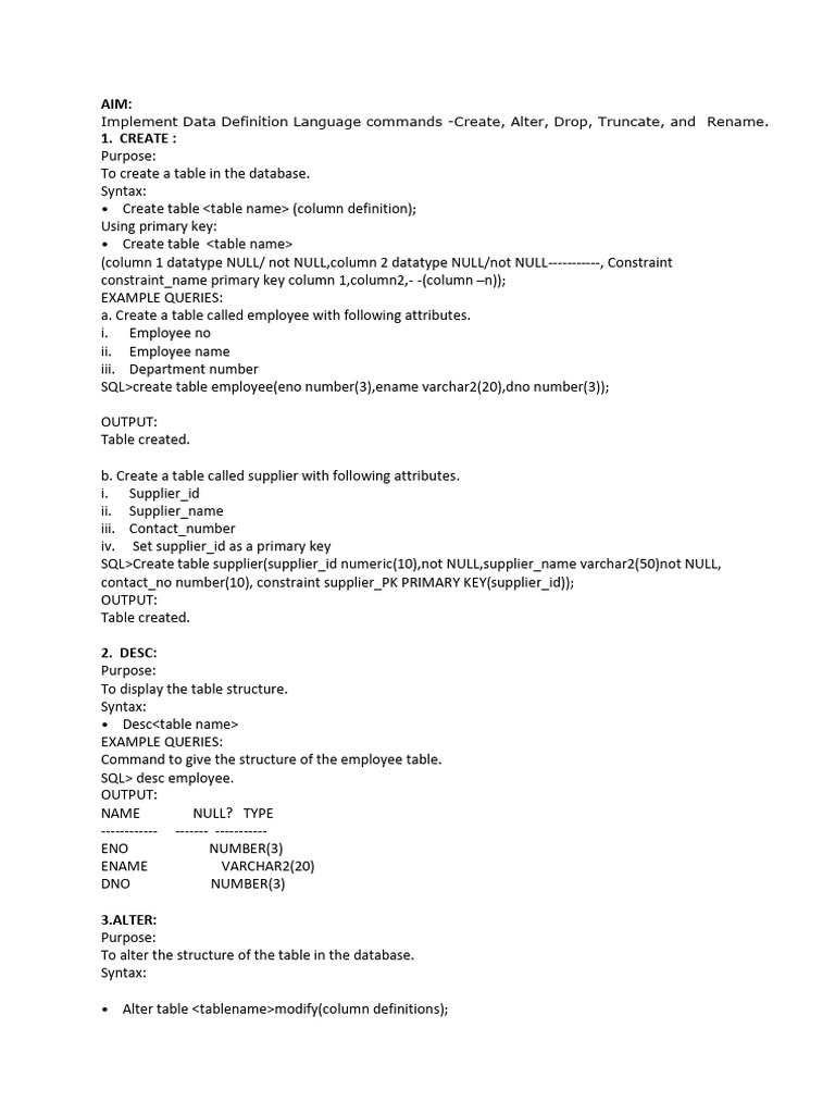 Aim 1 Create Implement Data Definition Language Commands Create Alter Drop Truncate