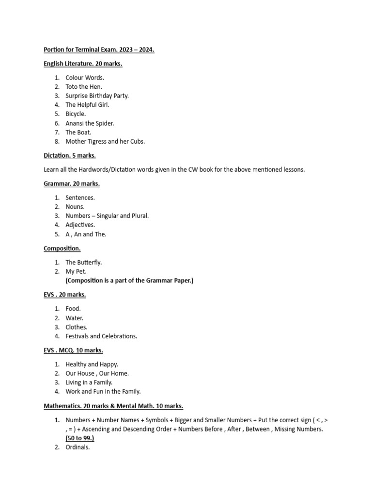 1st standard Portion for Terminal Exam 2023 - 2024 | PDF