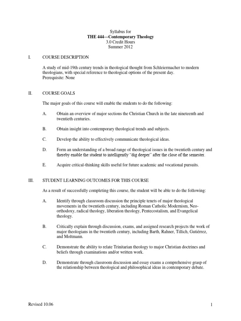 Syllabus For THE 444-Contemporary Theology | PDF | Theology | Karl Barth