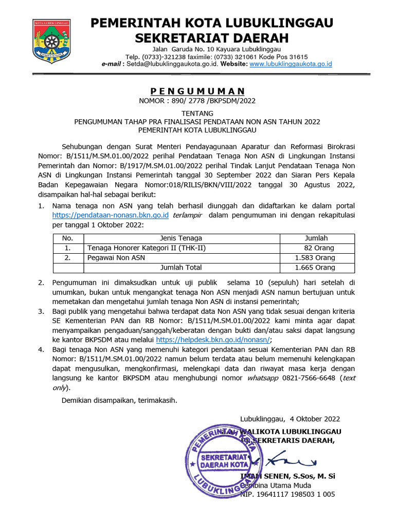 Pengumuman Pra Finalisasi Pendataan Non ASN 2022 | PDF