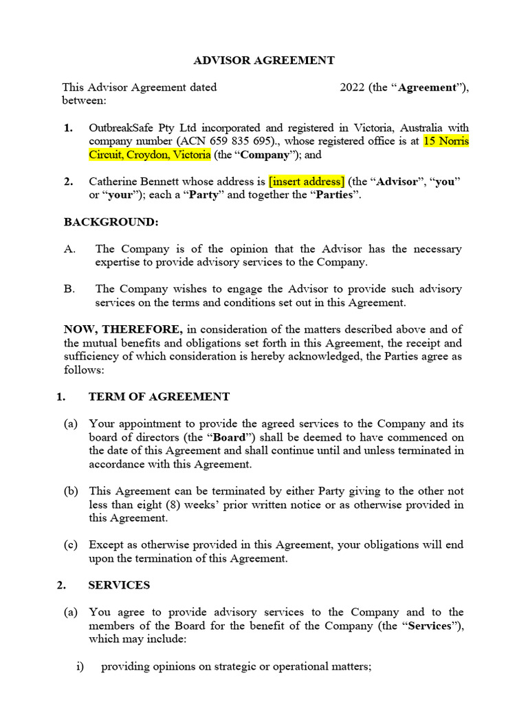 Catherine Bennett - OutbreakSafe Pty LTD - Advisor Agreement | PDF | Indemnity | Confidentiality