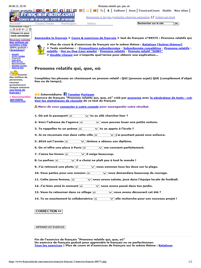 Pronoms Relatifs Qui, Que, Où | PDF | Langue française