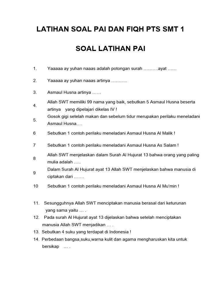 Latihan Soal Pai Dan Fiqh PTS SMT 1 | PDF