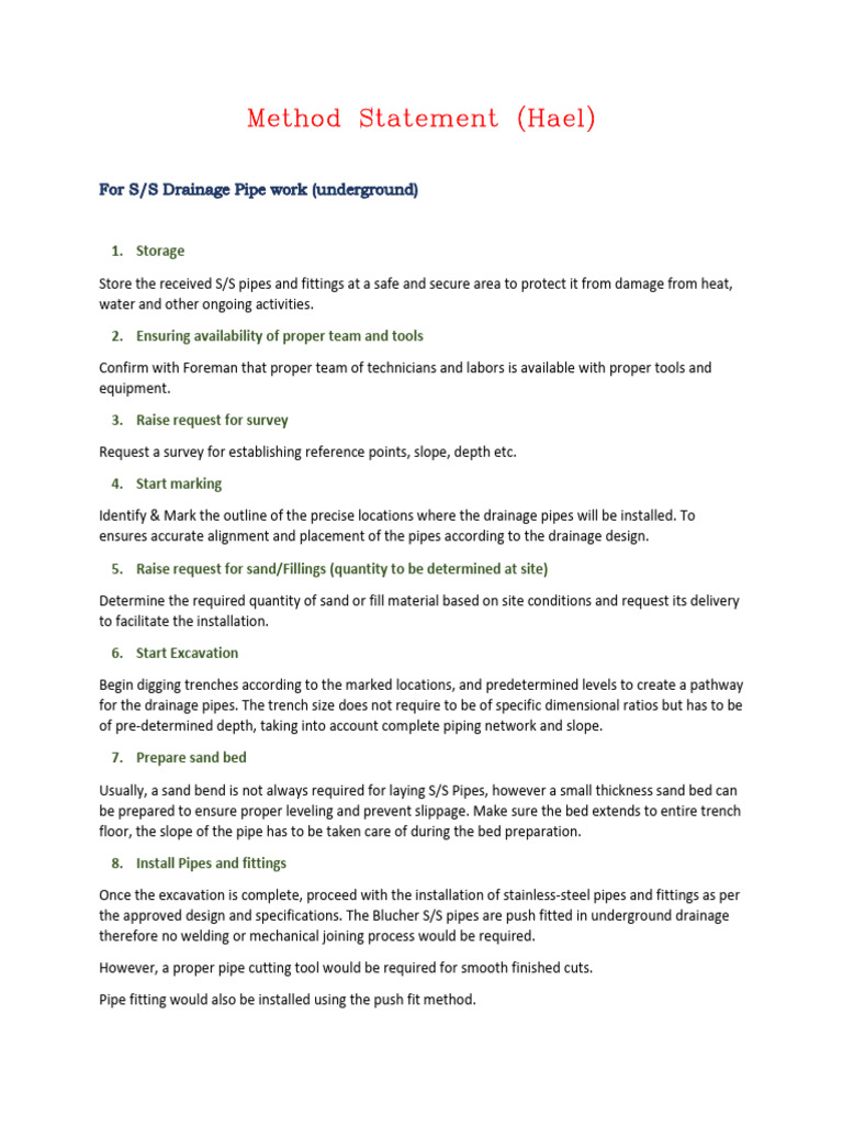 Method Statement SS Underground | PDF | Pipe (Fluid Conveyance) | Trench