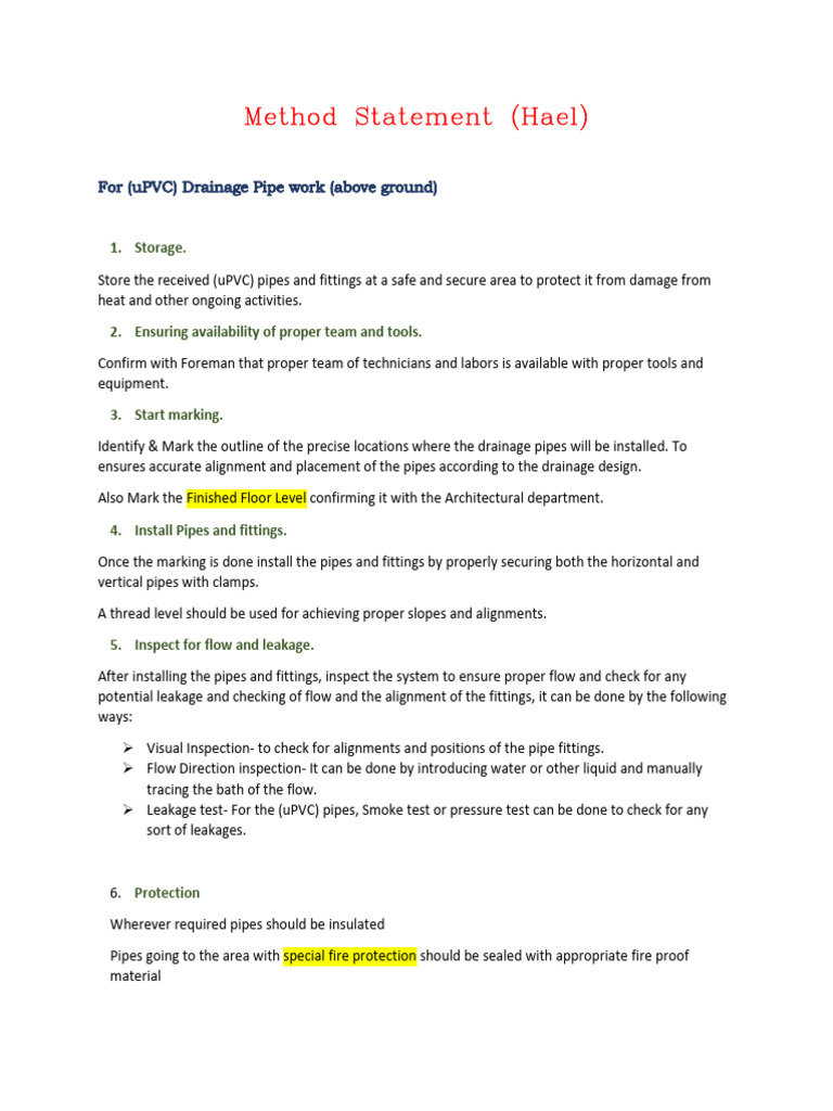 uPVC Pipe Installation Method Statement | PDF