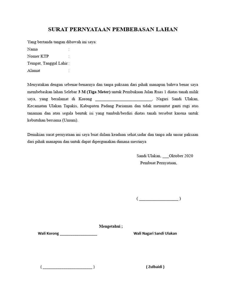 Surat Pernyataan Pembebasan Lahan | PDF