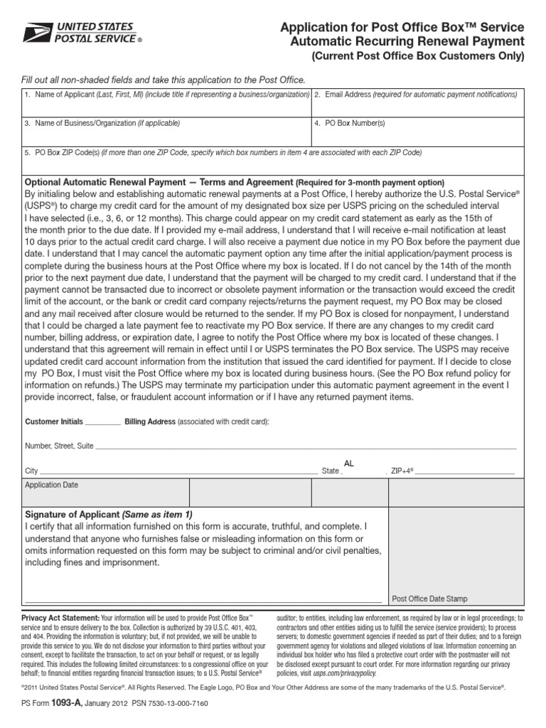 Application For Post Office Box™ Service Automatic Recurring Renewal ...