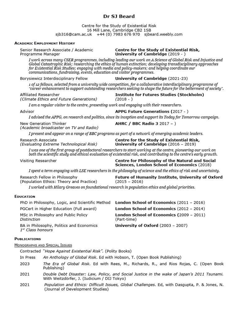 SB CV Full | Download Free PDF | Global Catastrophic Risk | Risk