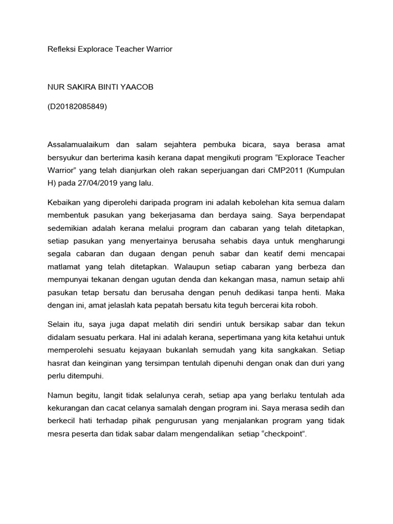 Refleksi Program Explorace Teacher Warrior | PDF