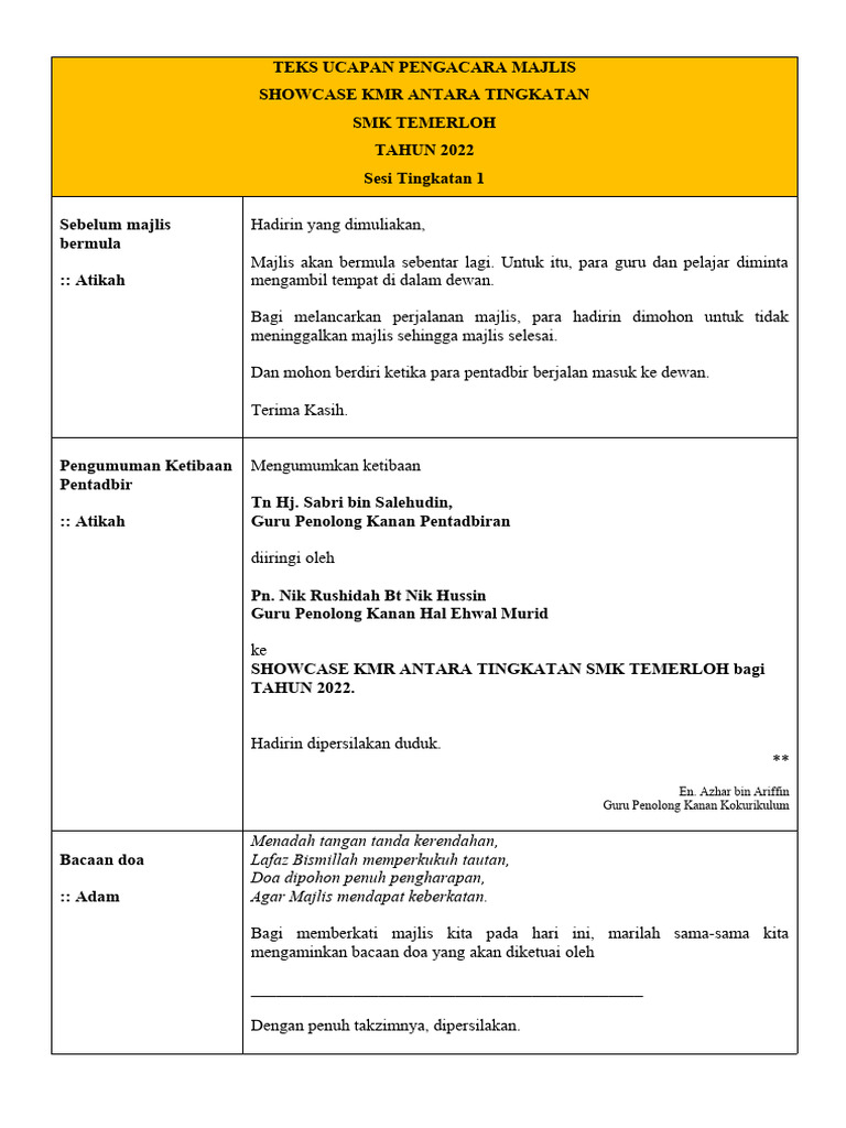 Teks Ucapan Pengacara Majlis Showcase KMR Antara Tingkatan | PDF
