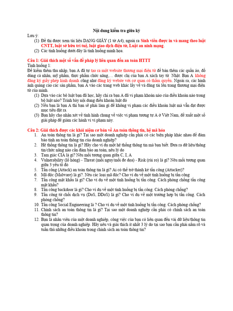 ATTT - Nội dung kiểm tra giữa kỳ | PDF