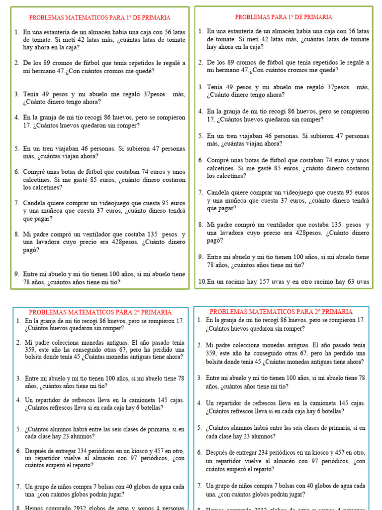 Problemas Matemáticos para 1° y 2° Primaria | PDF