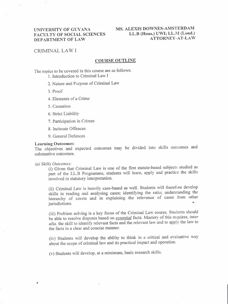 Criminal Law I - Course Outline, Study Guide 1,2,3 | PDF