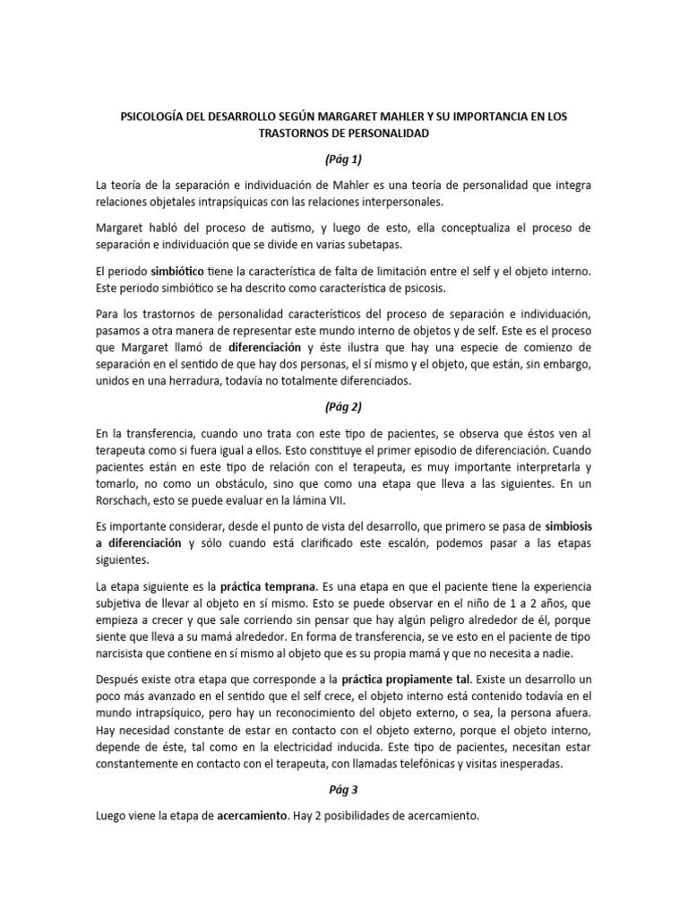 Resumen Mahler 2 | PDF | Narcisismo | Simbiosis