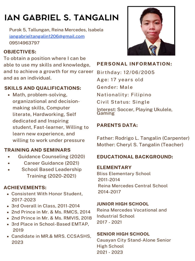 Tangalin, Ian Gabriel S. - Stem E - Curriculum Vitae | PDF