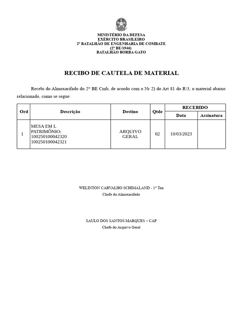 Modelo Cautela de Material | PDF