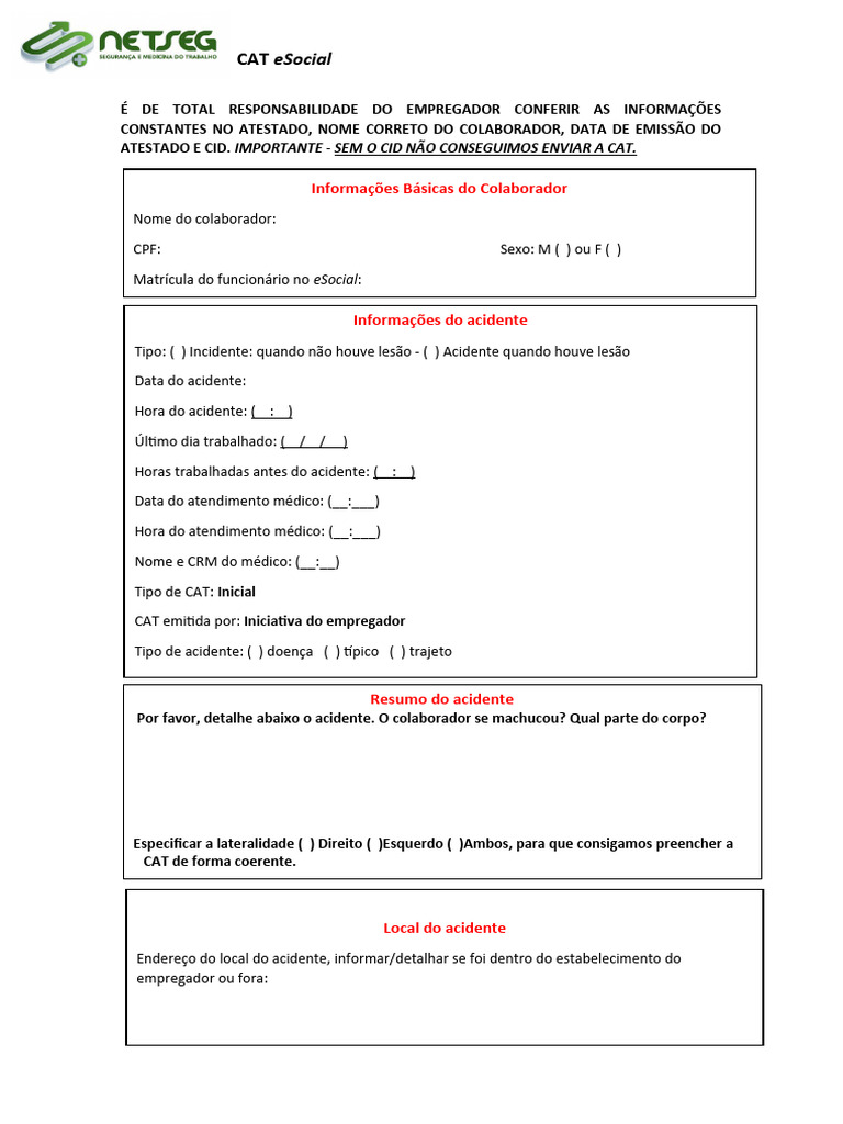 Formulário CAT - Esocial | PDF