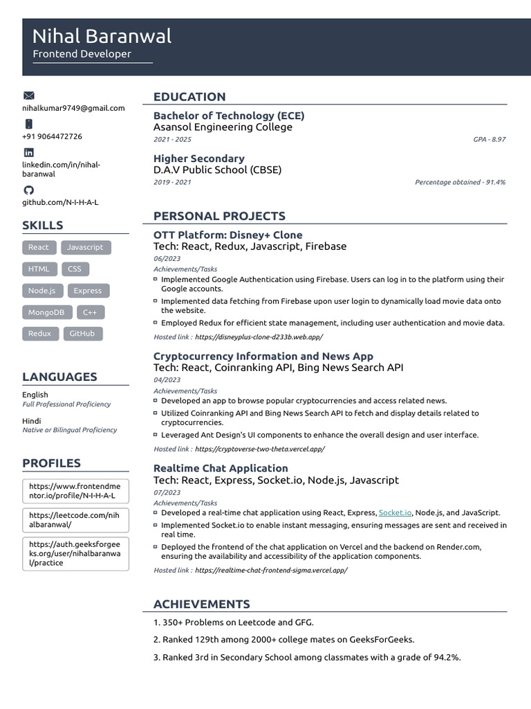 Nihal's Resume - Frontend | PDF | Java Script | Mobile App