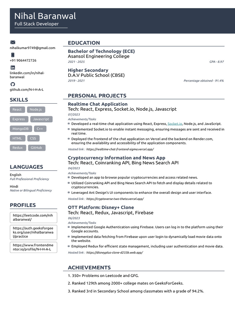 Nihal's Resume - Full Stack | PDF | Java Script | Mobile App Nihal's Resume - Full Stack | PDF | Java Script | Mobile App