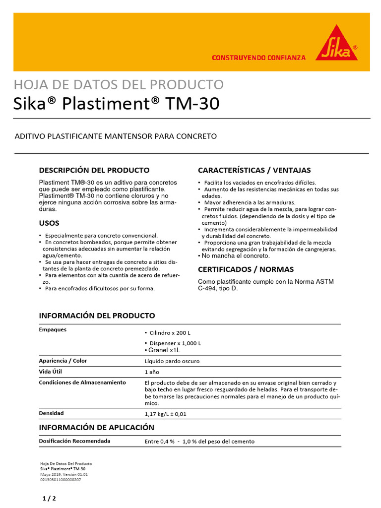 Sika Plastiment Tm-30 | Descargar gratis PDF | Hormigón | Naturaleza