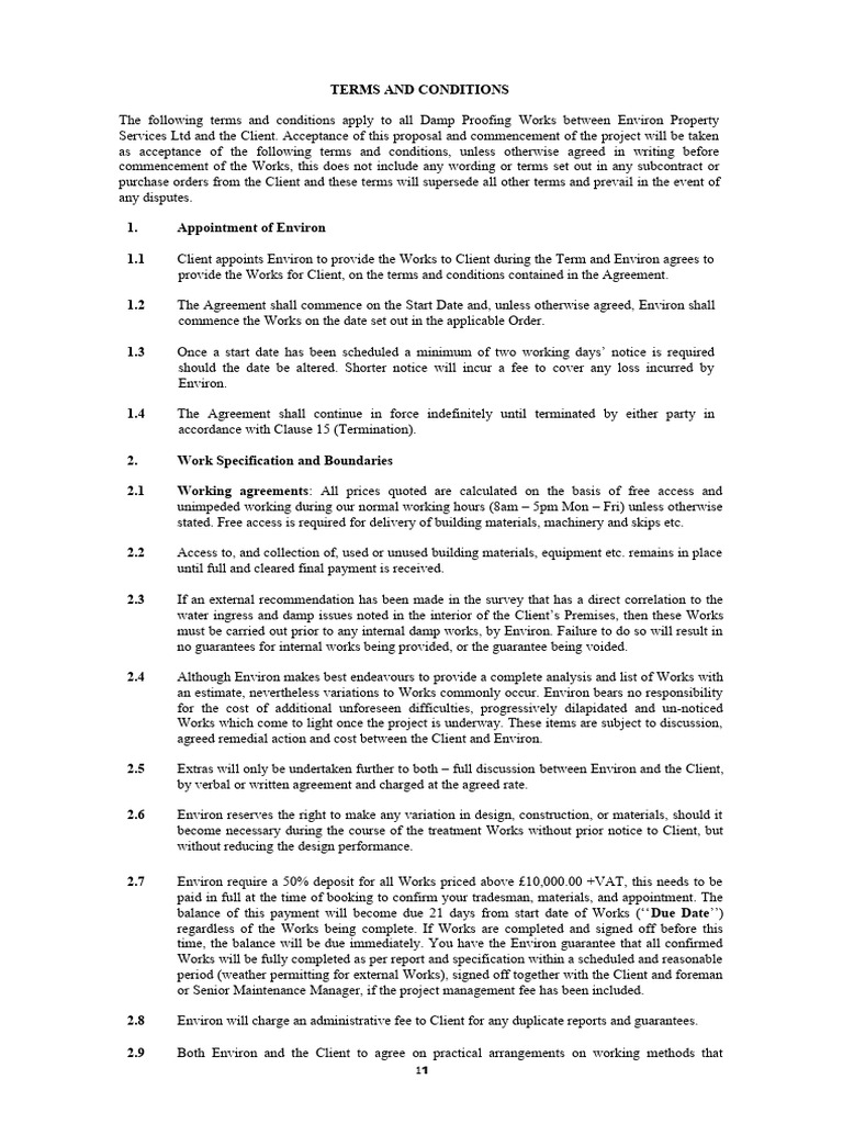 Damp Proofing Terms and Conditions - Environ (First Draft) | PDF ...
