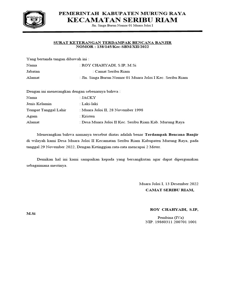 Surat Keterangan Terdampak Banjir | PDF