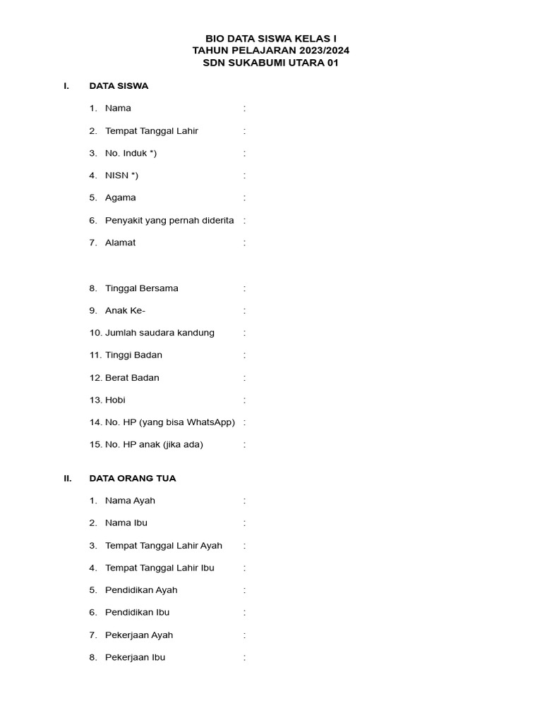 FORMAT BIODATA SISWA KELAS I SDN 01 | PDF