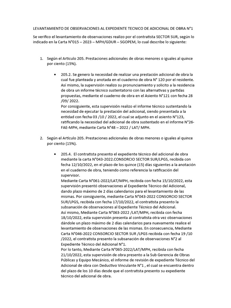 Levantamiento de Observaciones Al Expediente Tecnico de Adicional de Obra N | PDF | Presupuesto