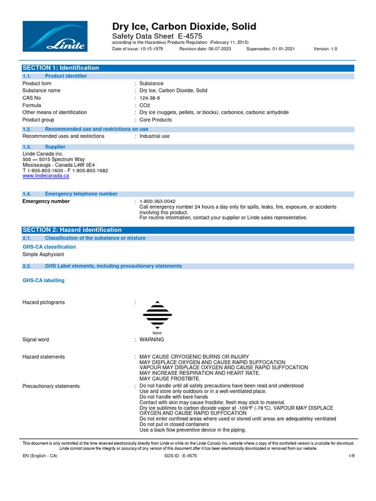 E 4575 Dry Ice Solid Carbon Dioxide Safety Data Sheet Sds | PDF ...