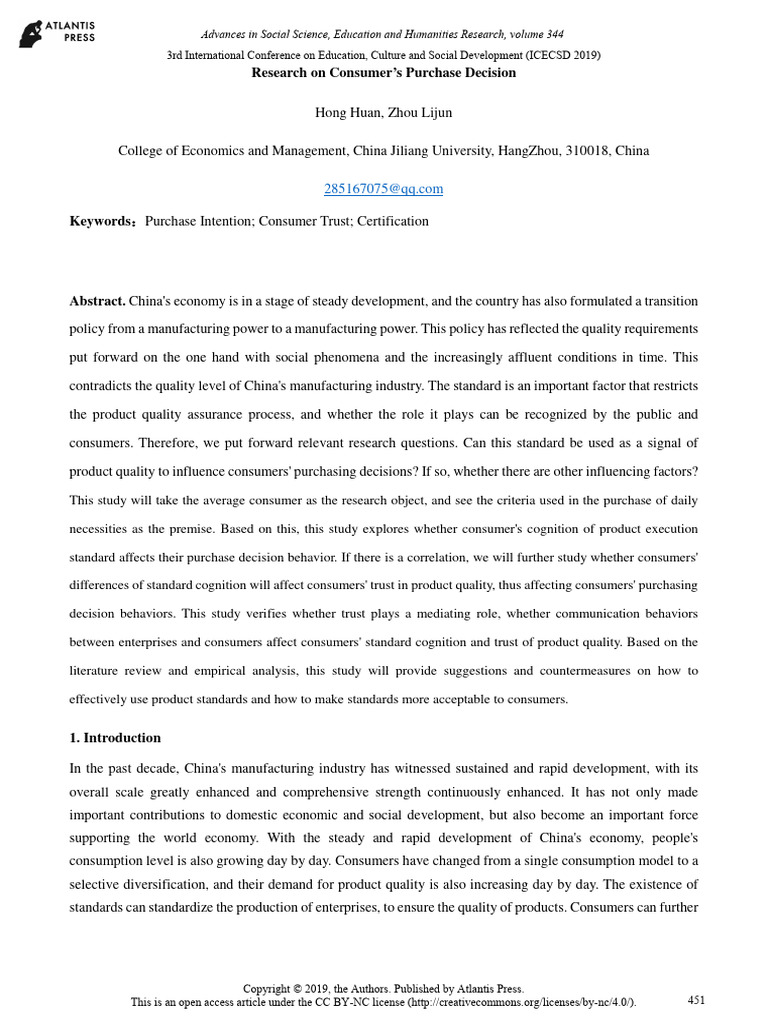 Research On Consumer's Purchase Decision: Advances in Social Science ...