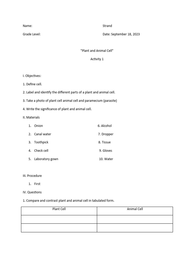 Biology Activity 1 | PDF | Cell (Biology) | Plants