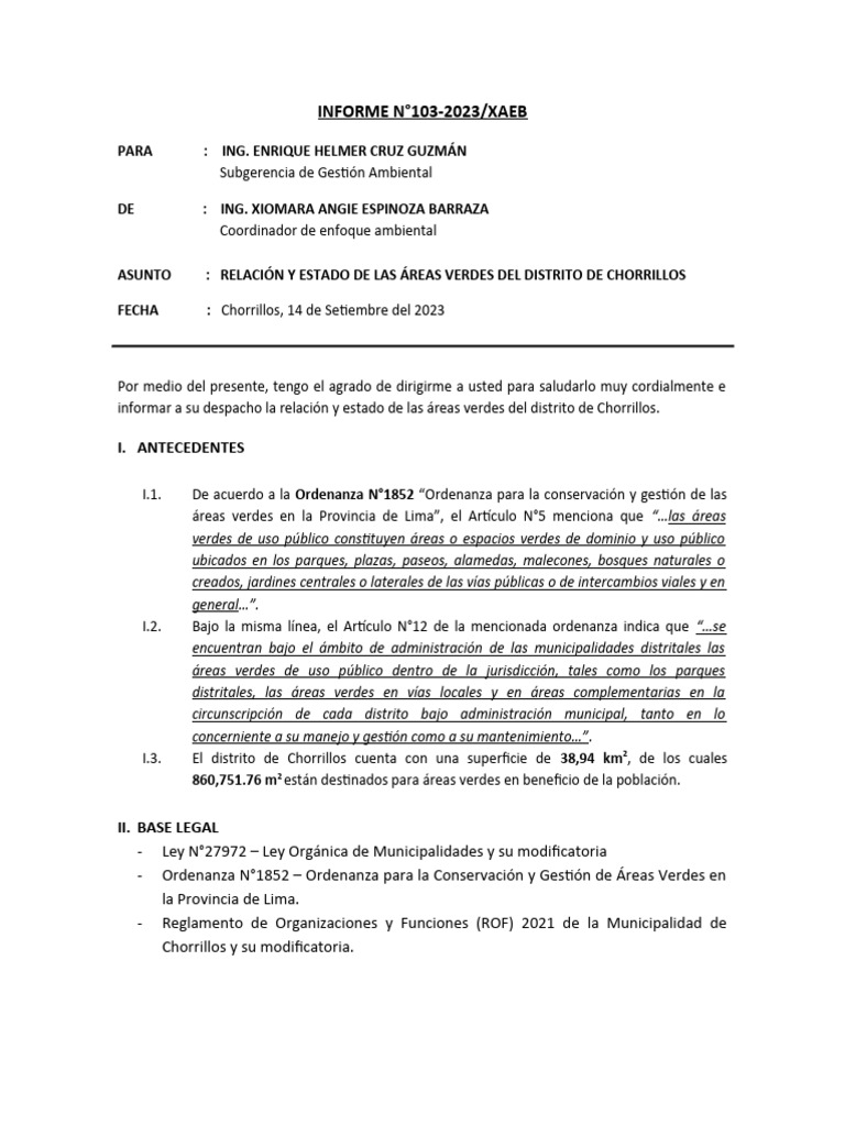 Informe de Relacion y Estado de Areas Verdes | PDF