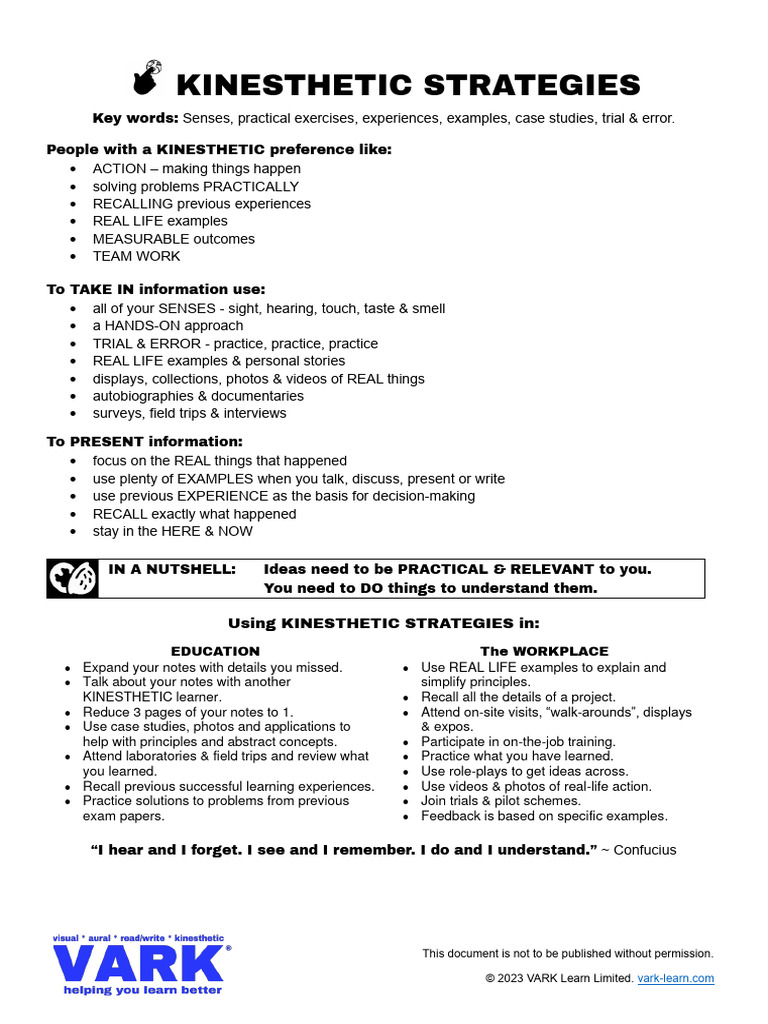 VARK Kinesthetic Helpsheet | PDF | Experience | Psychological Concepts