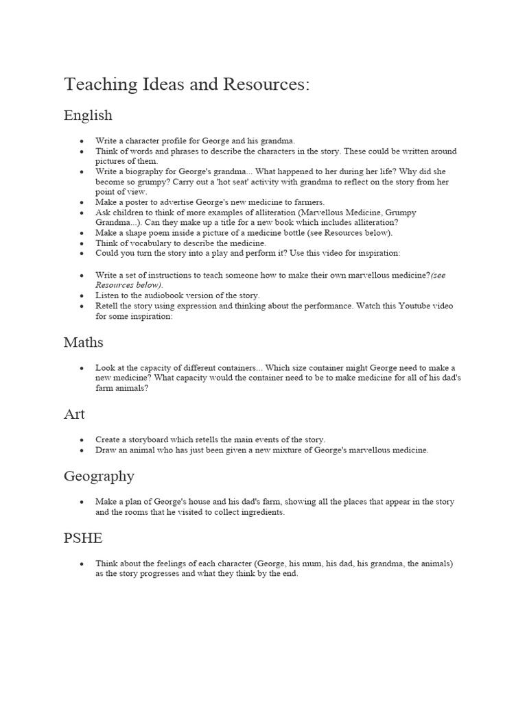Georges Marvellous Medicine Lesson Ideas | PDF