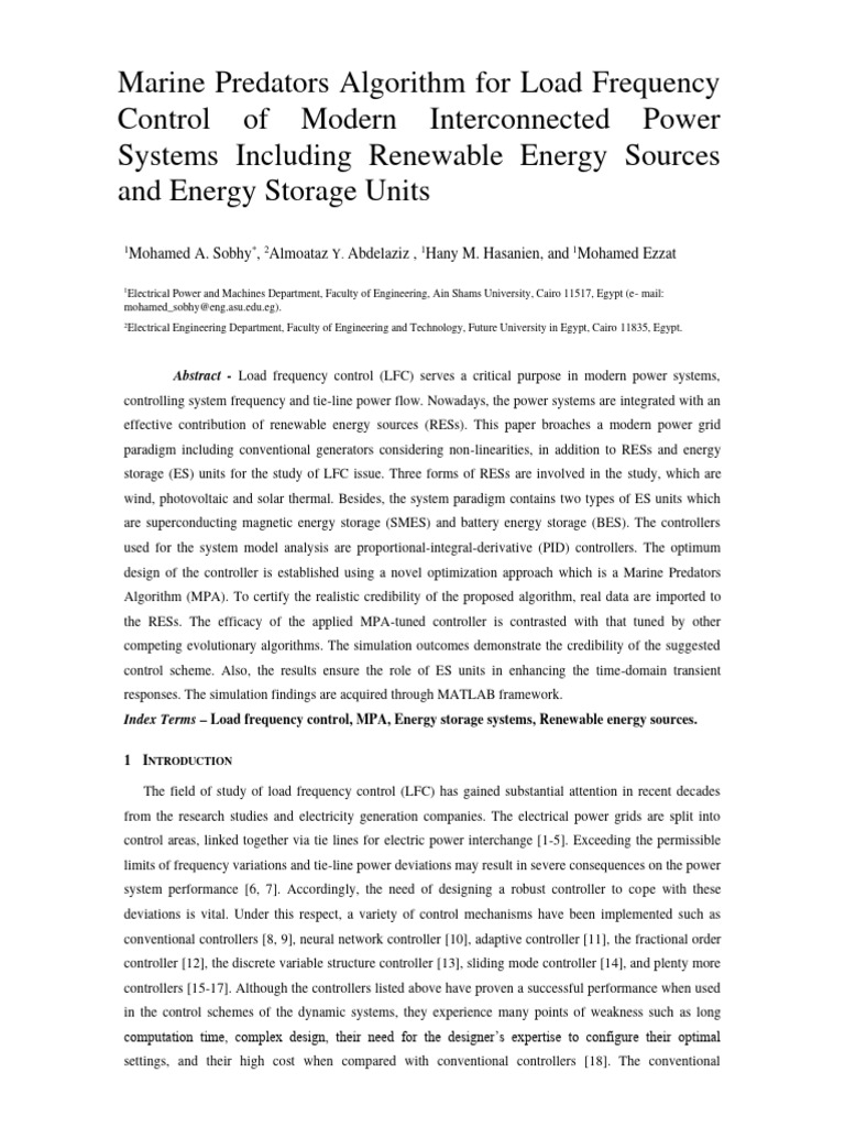 Marine Predators Algorithm for Load Frequency Control of Modern Interconnected Power Systems ...