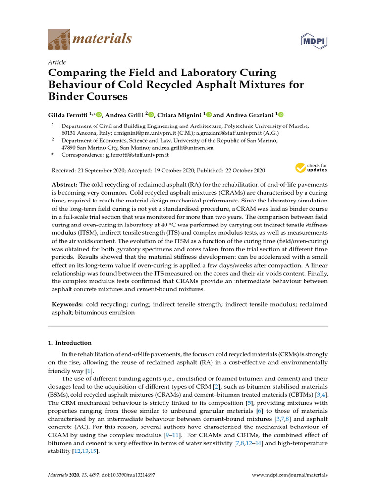 Comparing The Field and Laboratory Curing Behavior of Cold Recycled ...