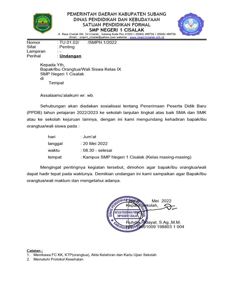 Surat Undangan Sosialisasi PPDB | PDF