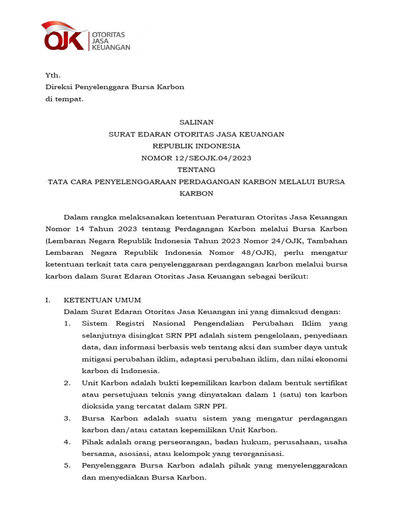SEOJK 12-04-2023. Tata Cara Penyelenggaraan Perdagangan Karbon Melalui Bursa Karbon | PDF ...