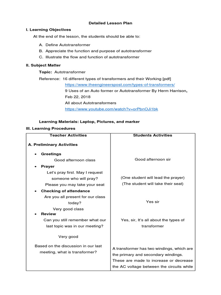 Detailed Lesson Plan | PDF | Transformer | Power (Physics)