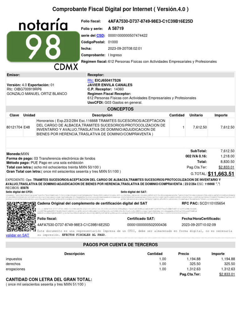 Comprobante Fiscal Digital Por Internet (Versión.4.0) : A 58719 | PDF ...