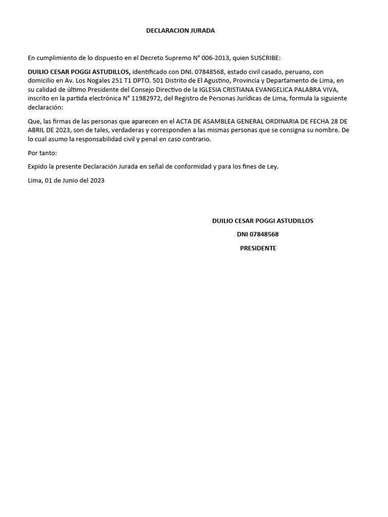 Iglesia Declaracion Jurada Ds 006 2013 PDF