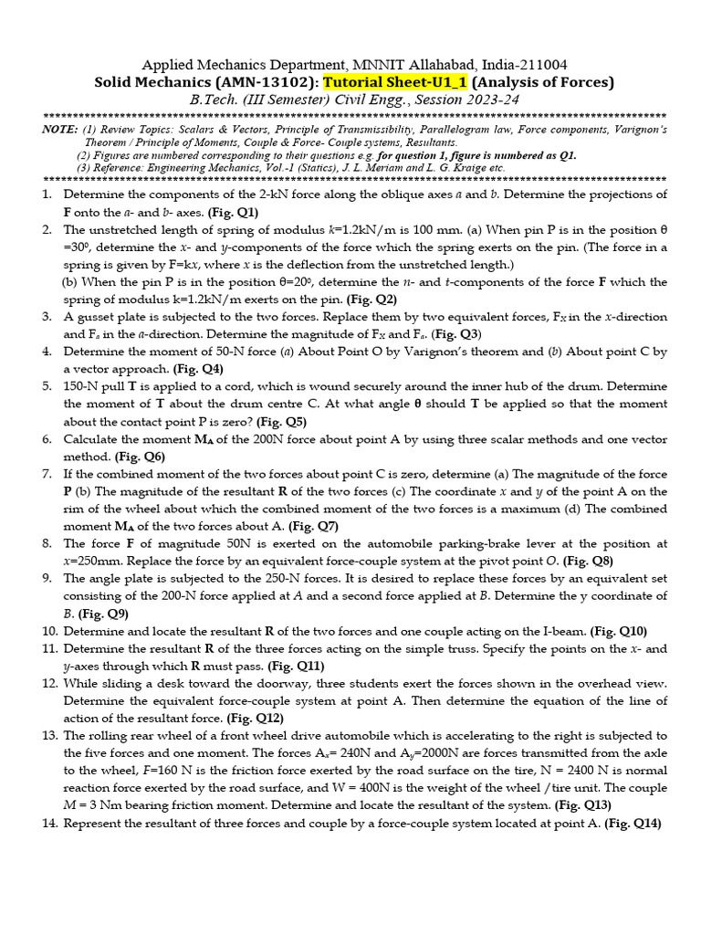 Solid Mechanics Tutorial Sheet U1_1 | PDF | Force | Euclidean Vector