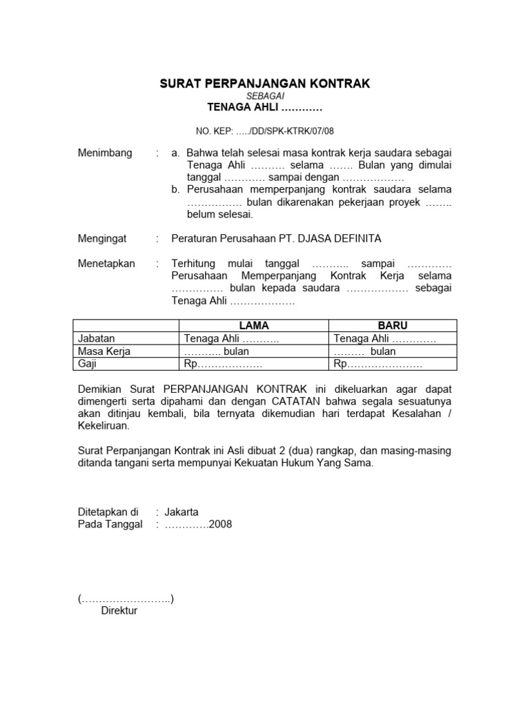 Contoh Surat Perpanjangan Kontrak Kerja | PDF | Bisnis | Pengelolaan ...