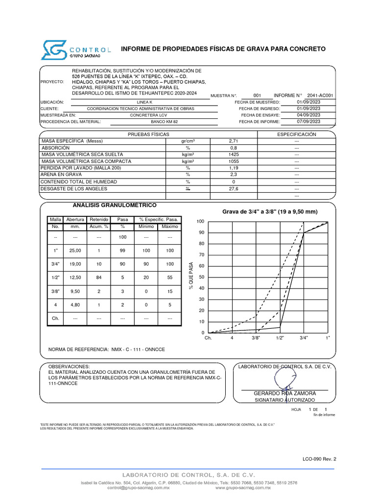 Ac-001 Informes de Propiedades Fisicas de Grava Concretera LCV | PDF