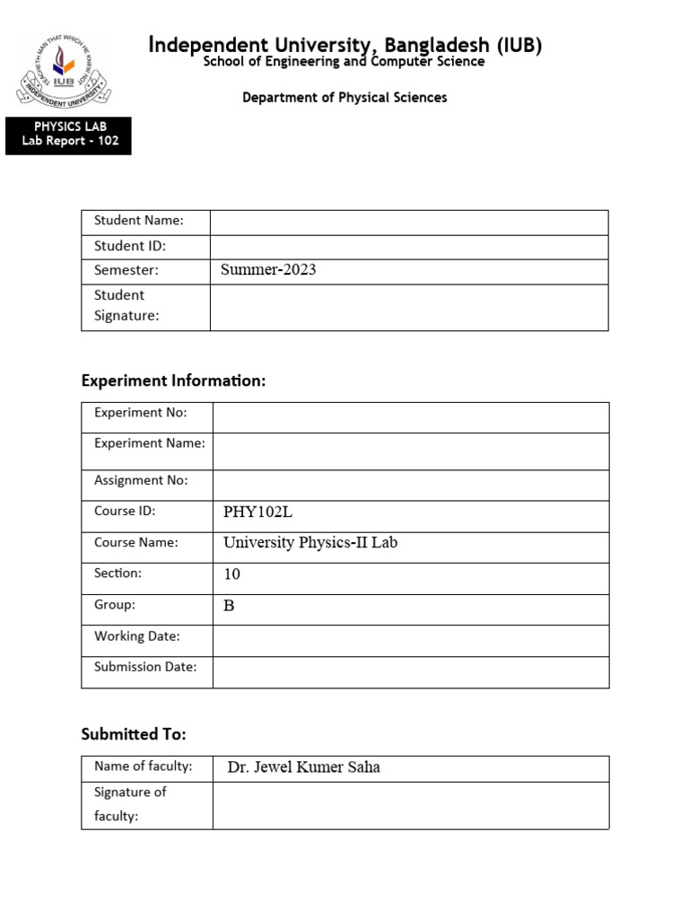 Cover Page (PhyL101) (IUB) | PDF Cover Page (PhyL101) (IUB) | PDF