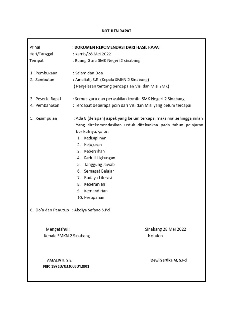 27 Dokumen Rekomendasi Dari Hasil Evaluasi (Notulen Rapat) SMKN 2 ...